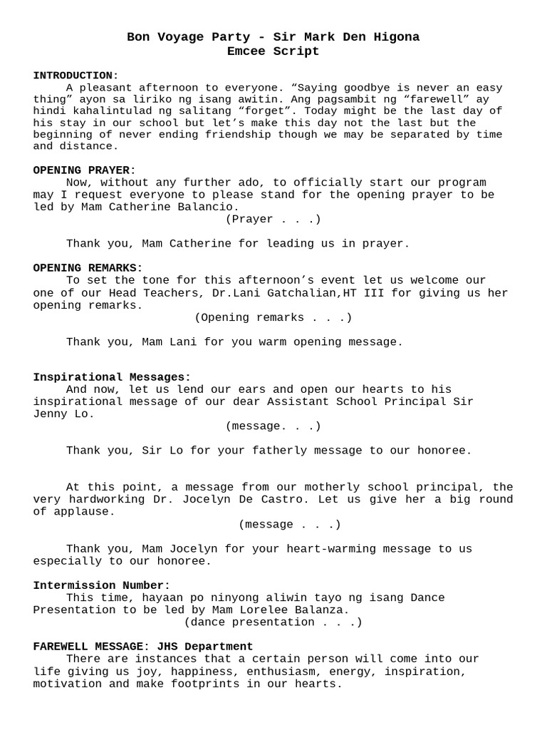 Bon Voyage Party EMCEE SCRIPT | PDF