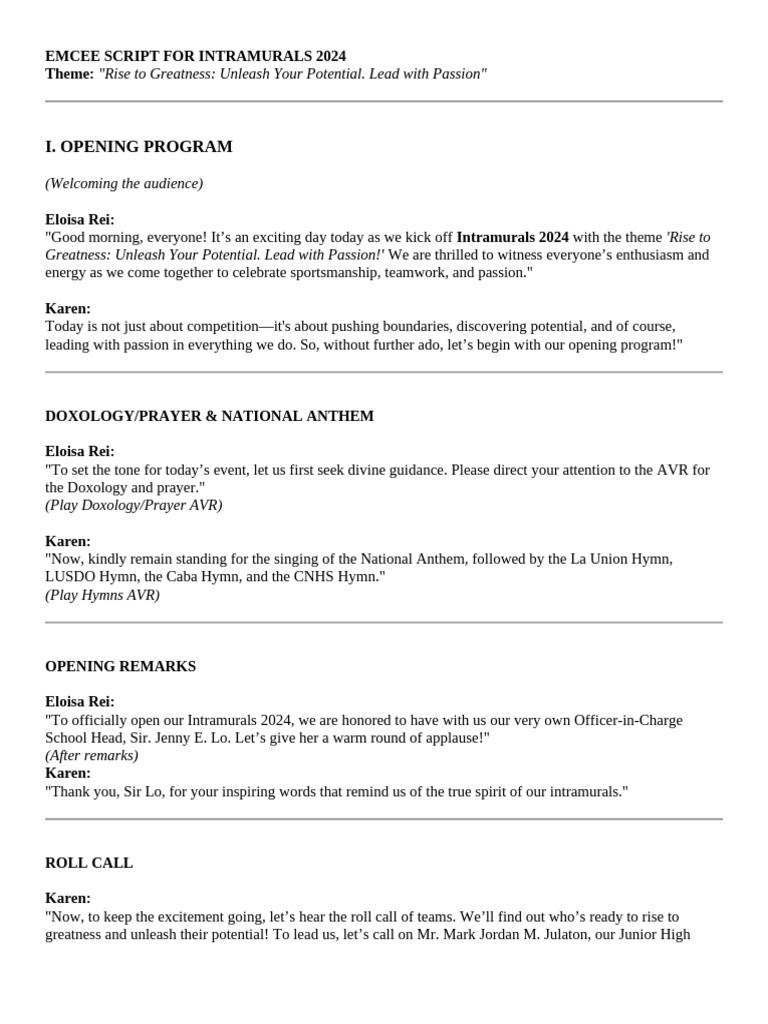 INTRAMURALS (Day 1) EMCEE SCRIPT 2024 | PDF