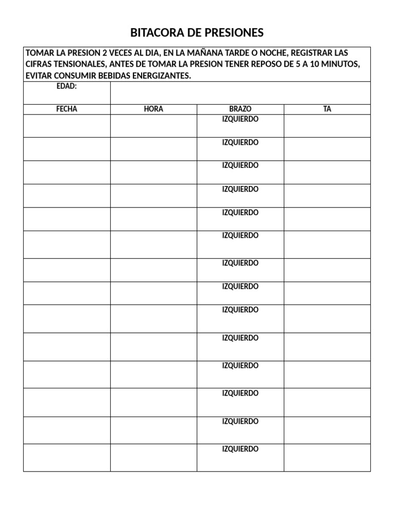 BITACORA DE PRESION ARTERIAL | PDF