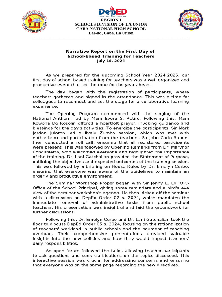 NARRATIVE REPORT (Documentation) School-Based Training SY 24-25 | PDF