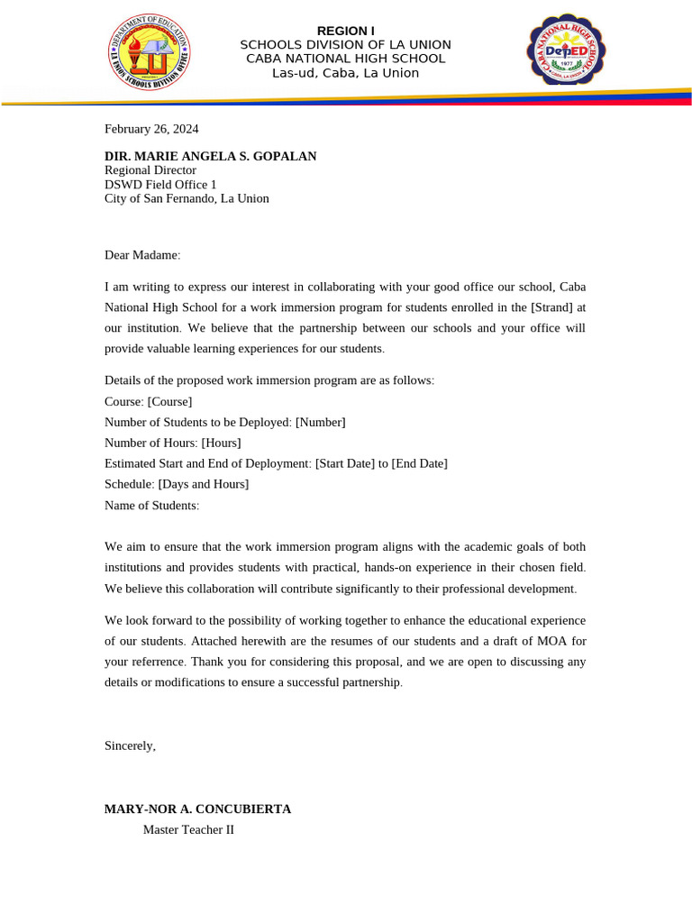 Work Immersion Proposal Letter | PDF