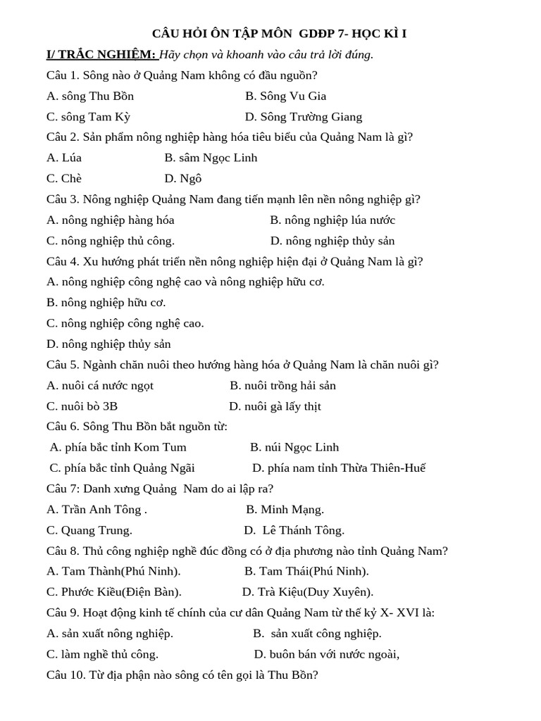câu hỏi ôn tập gdđp 7 hk1 2024-2025 | PDF