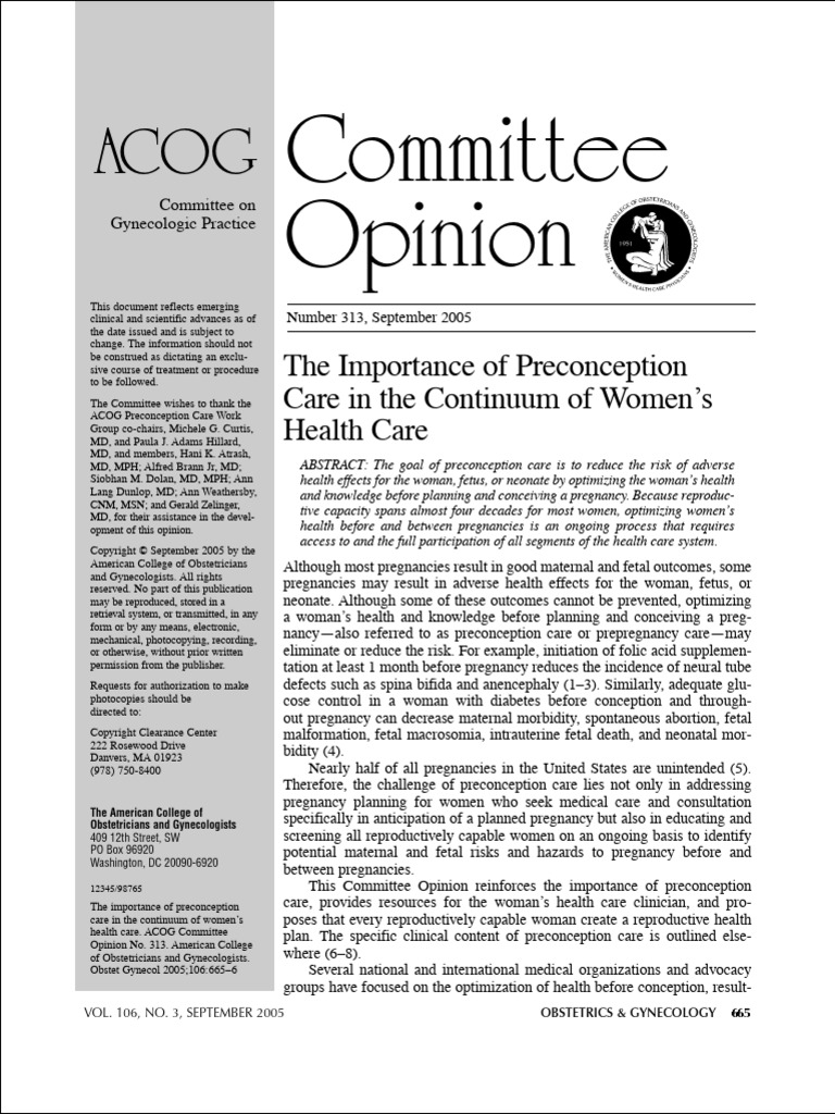 Acog Committee Opinion 313 The Importance of Preconception Care 2005 | PDF | Pregnancy | Women's ...