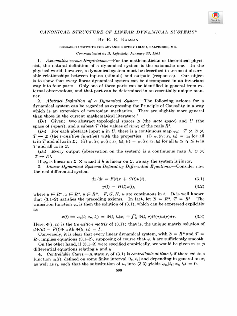 1962kalman - Canonical Structure of Linear Dynamical Systems | PDF ...