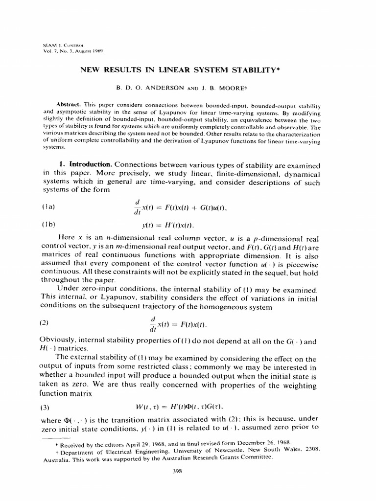 1969MooreAnderson - New Results in Linear System Stability | PDF | Stability Theory | Mathematics