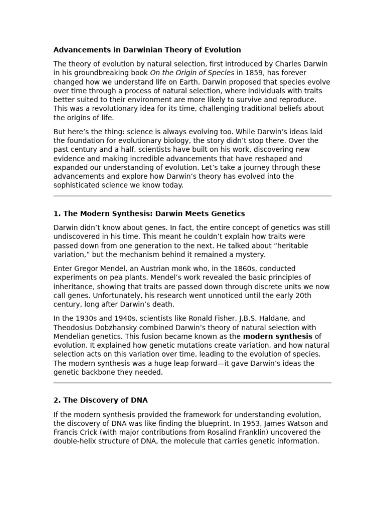 Advancements in Darwinian Theory of Evolution | PDF | Evolution ...