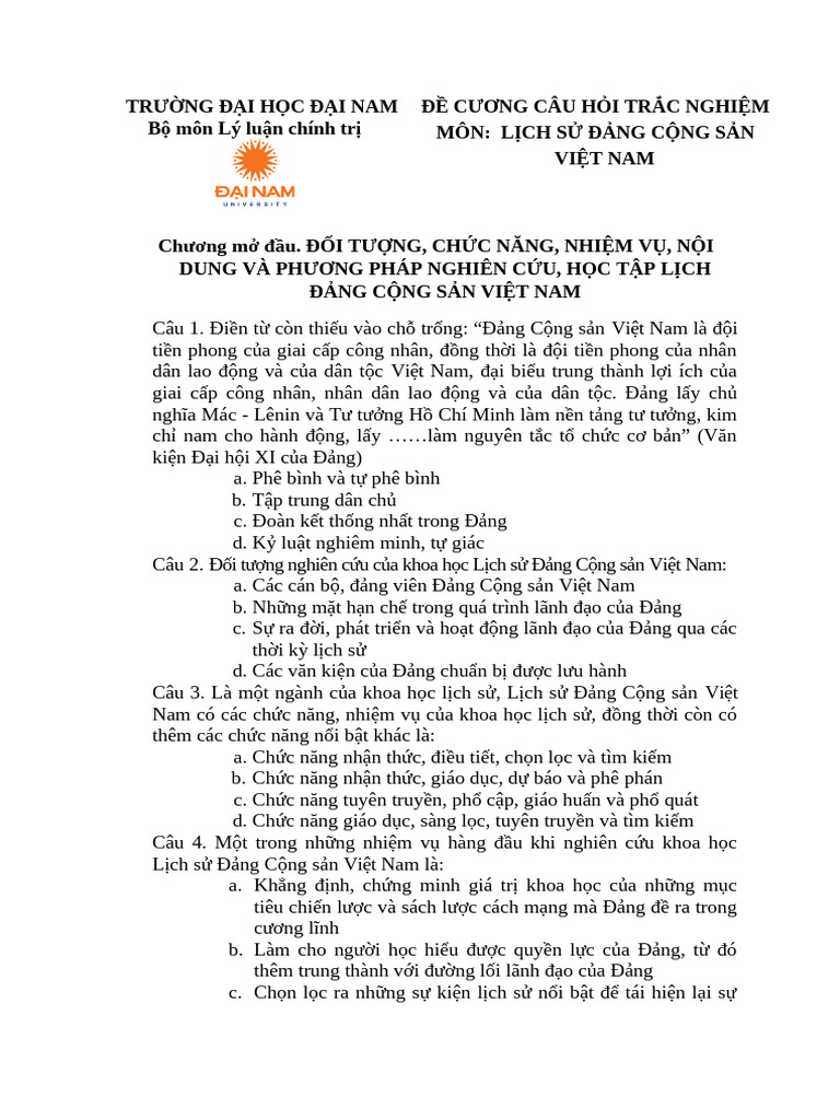 Đề cương câu hỏi Trắc nghiệm LSDCSVN | PDF