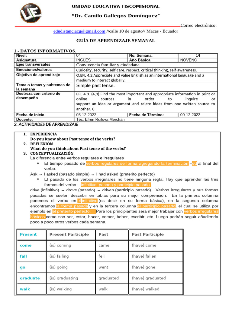 GUIA SEMANA 14-9NO EGB-INGLES EFREN | PDF | Gramática | Unidades Semánticas