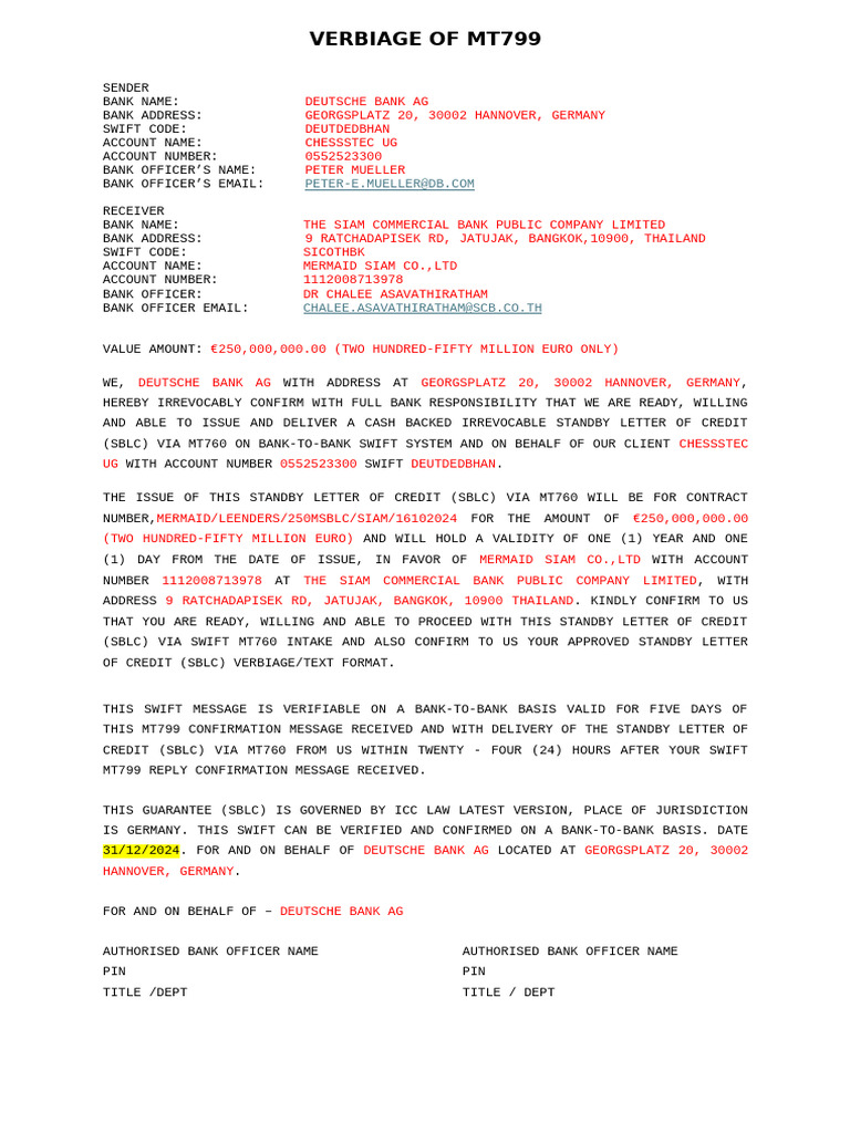 Mt799 Verbiage - Siam Bank - Chesstec Ug | PDF | Letter Of Credit