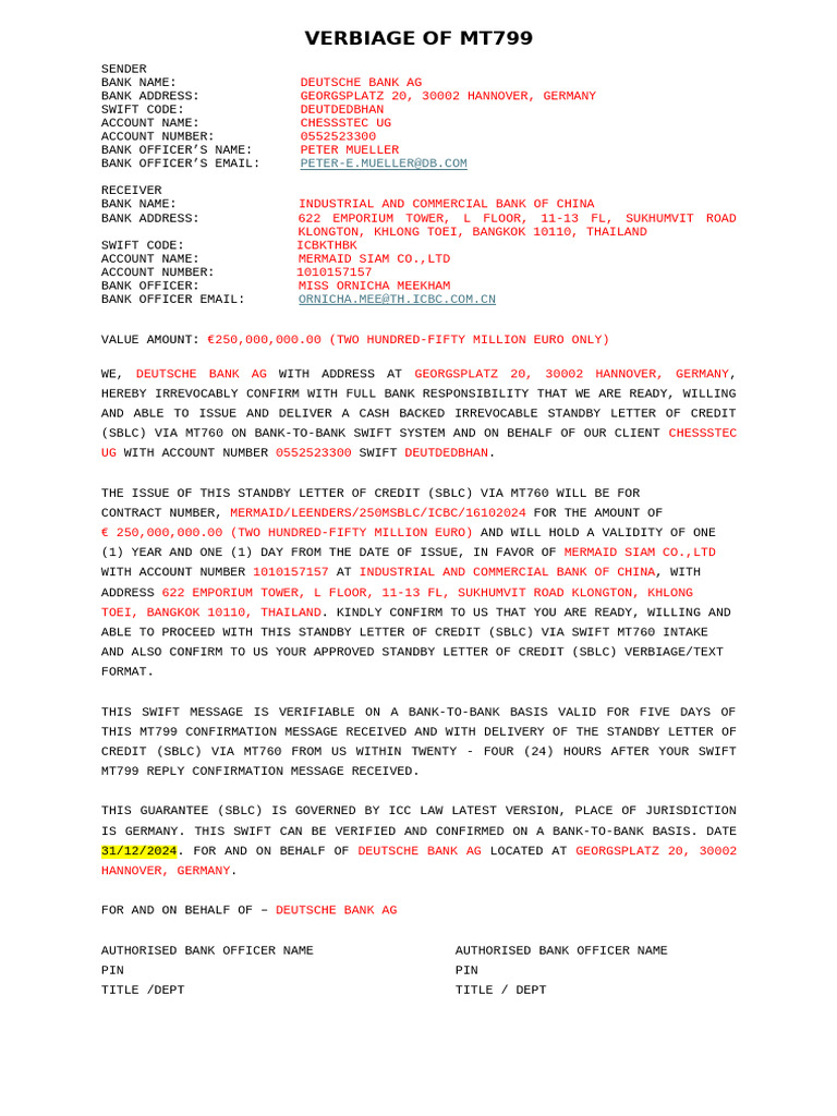 MT799 Confirmation for ICBC Emporium | PDF | Letter Of Credit | Service ...