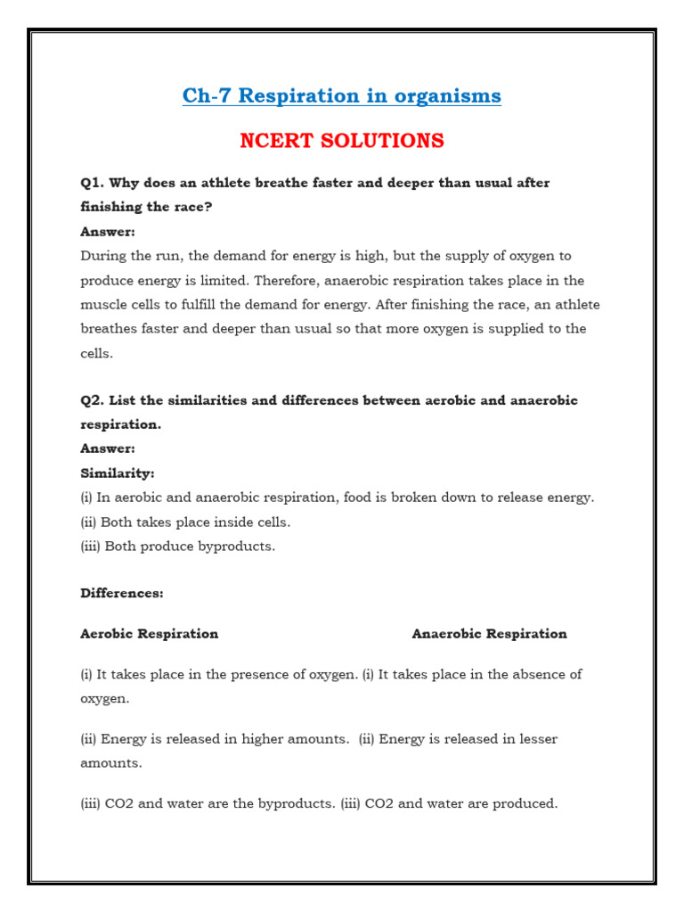 RESPIRATION IN ORGANISMS-NCERT SOLUTION | PDF | Respiratory System ...