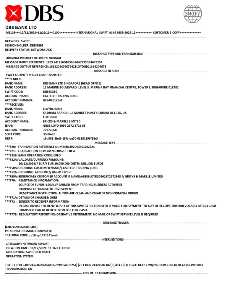 Dbs Mt103 Cash Transfer To Lloyds - 10m | PDF | Euro | Banking