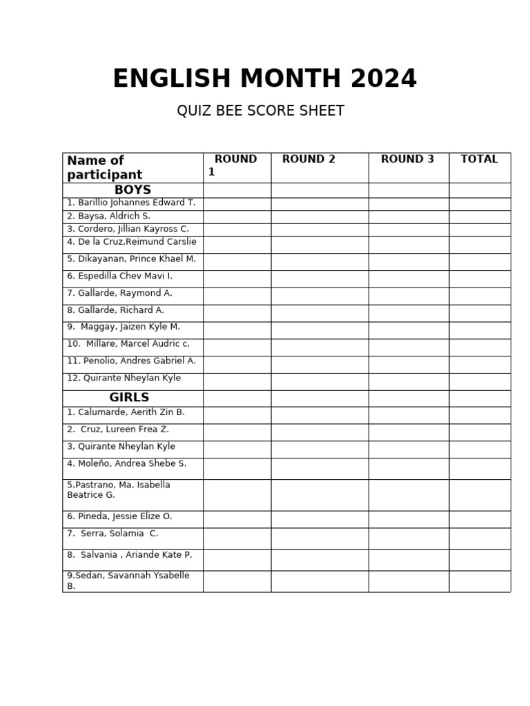 Quiz Bee Score Sheet. | PDF