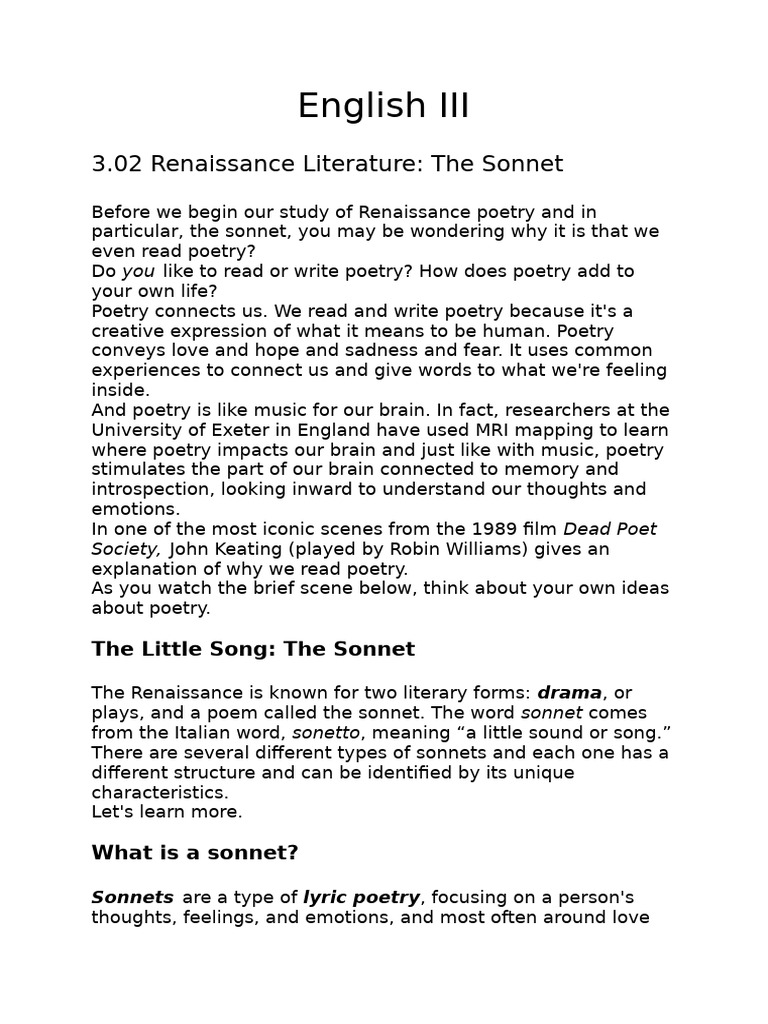 3.02 Renaissance Literature- The Sonnet | PDF | Poetry | Phonaesthetics
