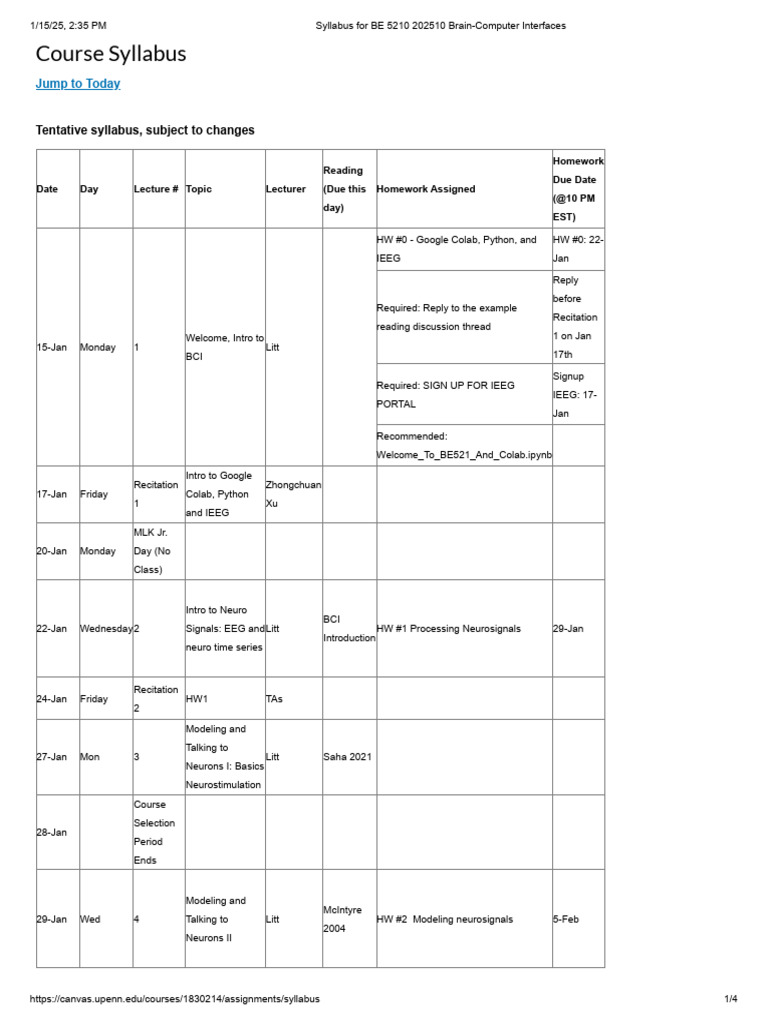 Syllabus For BE 5210 202510 Brain-Computer Interfaces | PDF | Neuroscience | Computational ...