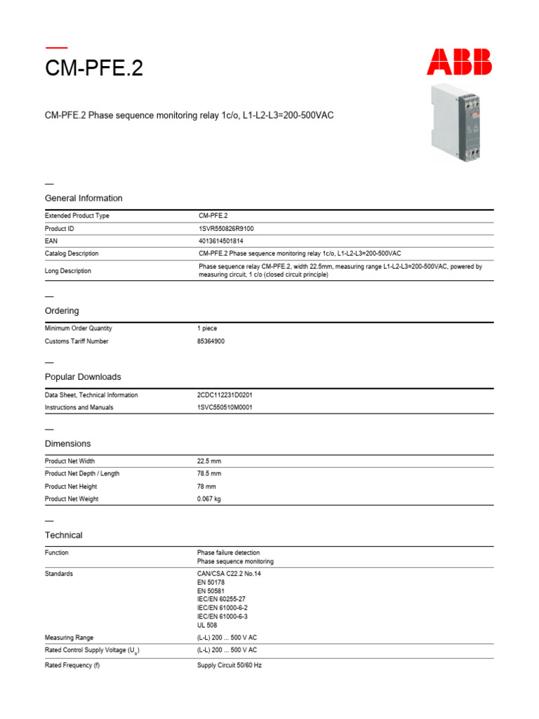 Abb Cm-Pfe.2 Relay 1SVR550826R9100 | PDF | Relay | Fuse (Electrical)