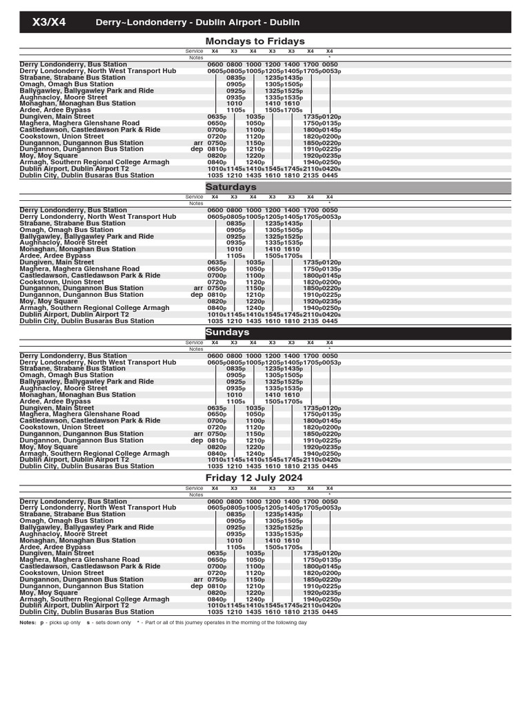 Derry to Dublin Bus Timetable X3/X4 | PDF | Bus Transport | Public Services