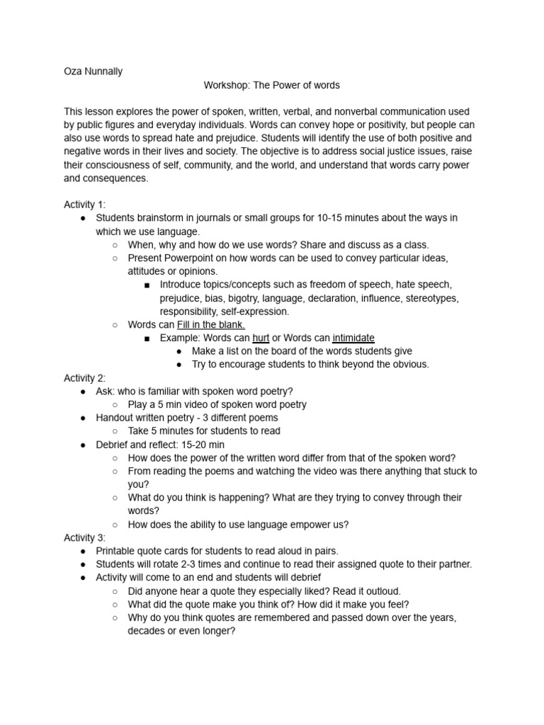 Power of Words Lesson Plan PDF | PDF | Human Communication | Prejudices