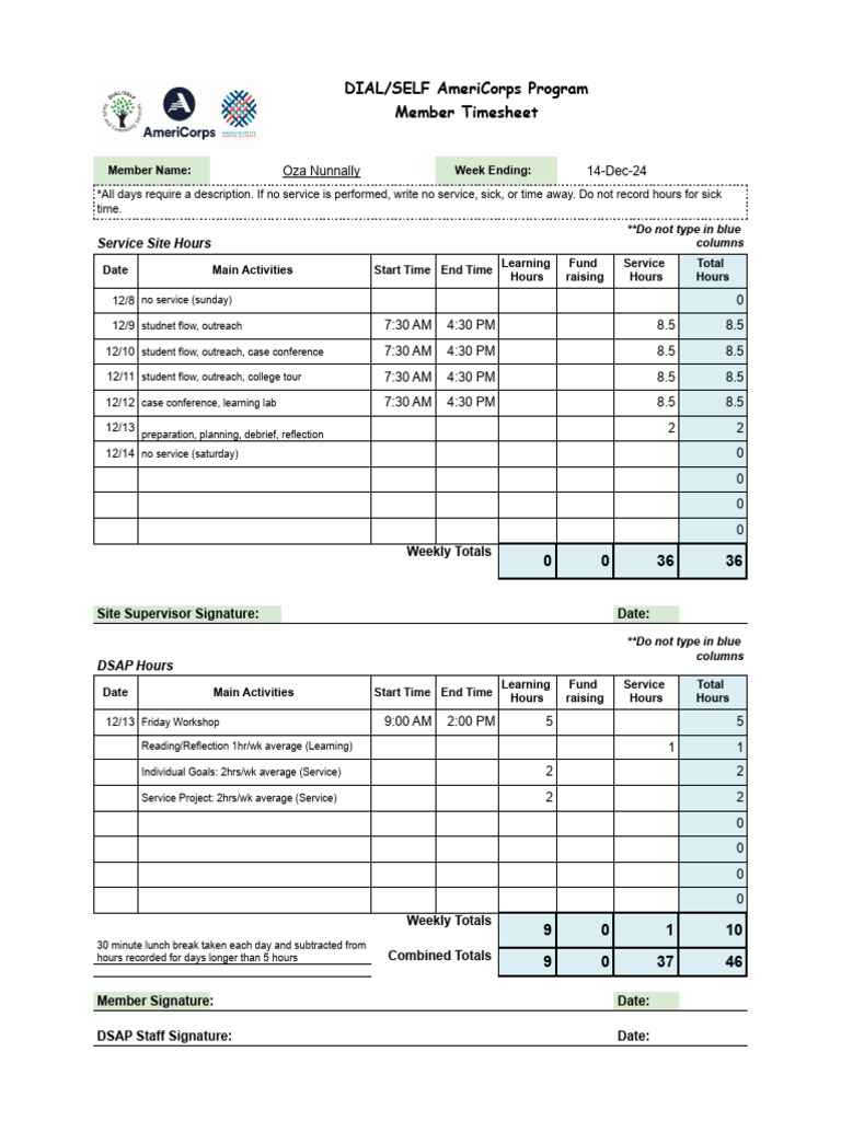 Oza Nunnally PYD Timesheet - Dec 14 | PDF