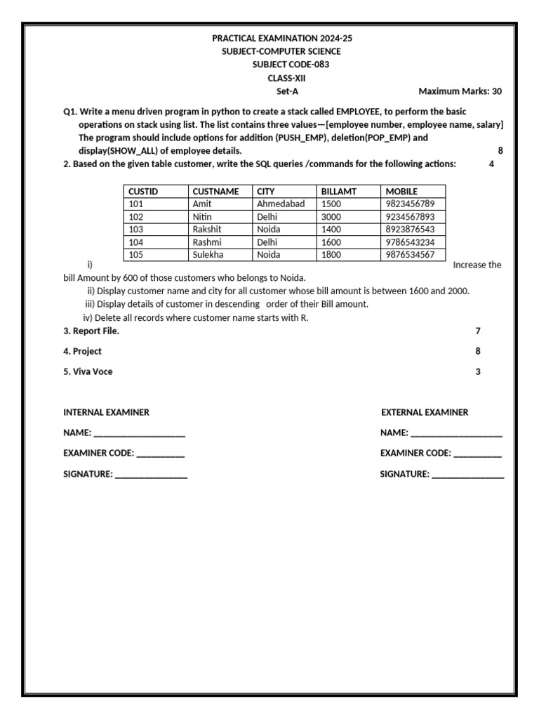 XII COMP PRACTICAL QP SET-A 2024-25 F | PDF | Software Engineering | Data Management Software