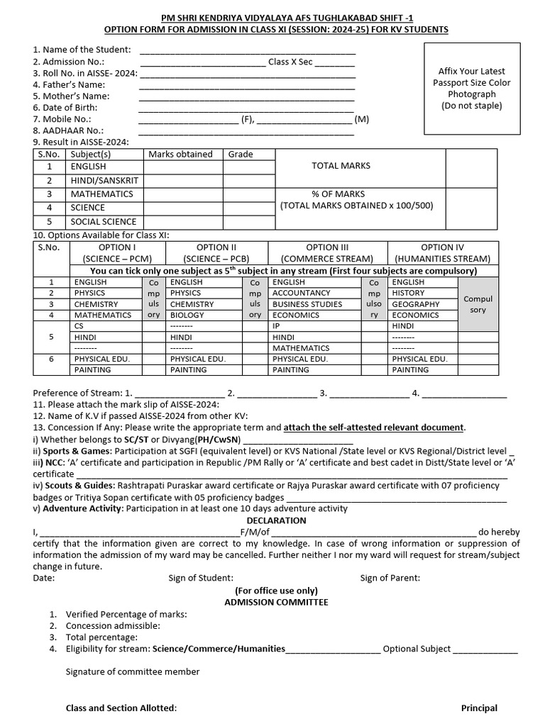 Class XI Admission Form 2024-25 | PDF