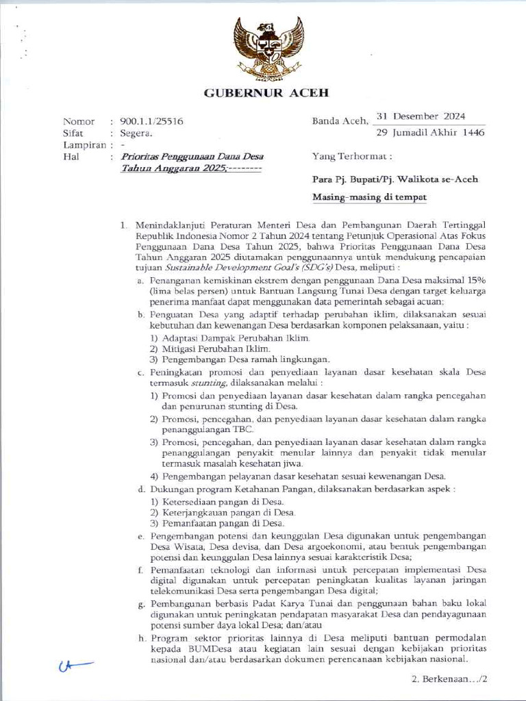 Surat Gubernur Aceh - Prioritas Penggunaan Dana Desa Tahun Anggaran 2025 | PDF