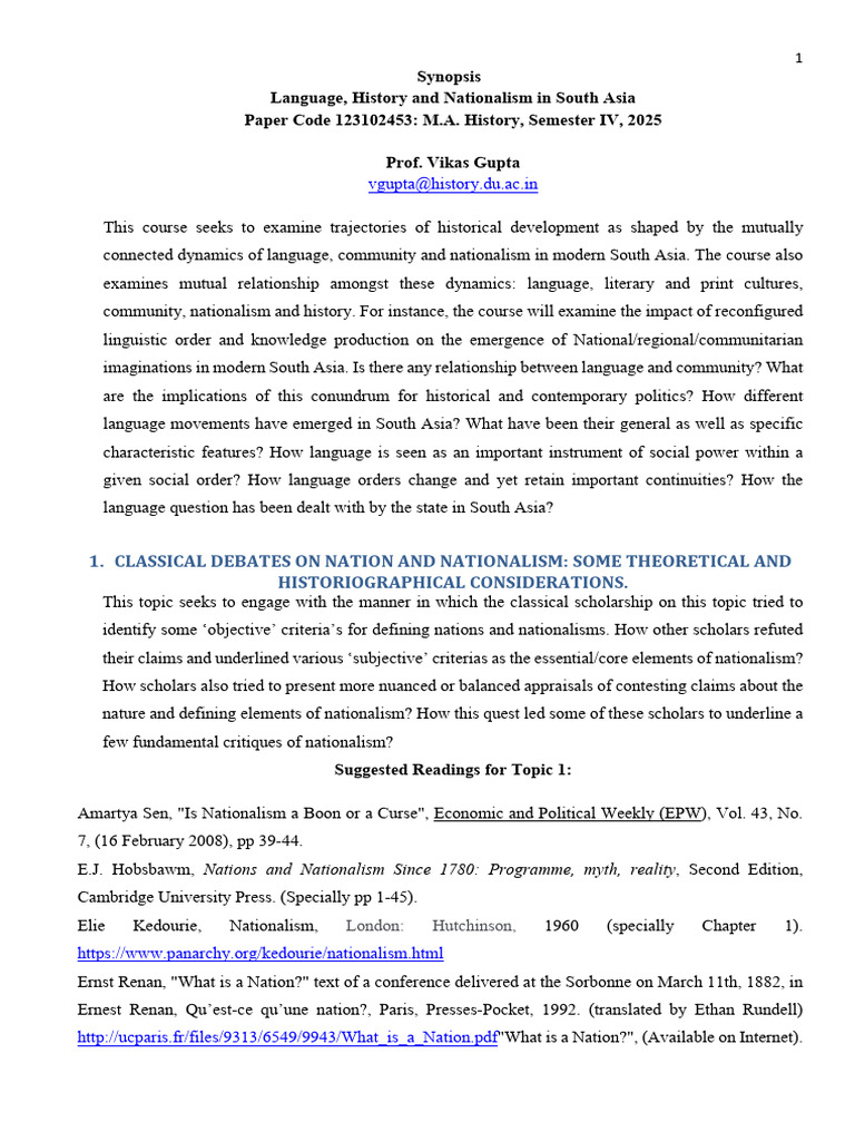 Synopsis and Reading List For Language, History and Nationalism | PDF ...