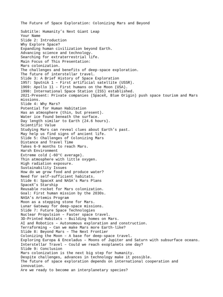 The Future of Space Exploration Colonizing Mars and Beyond | PDF