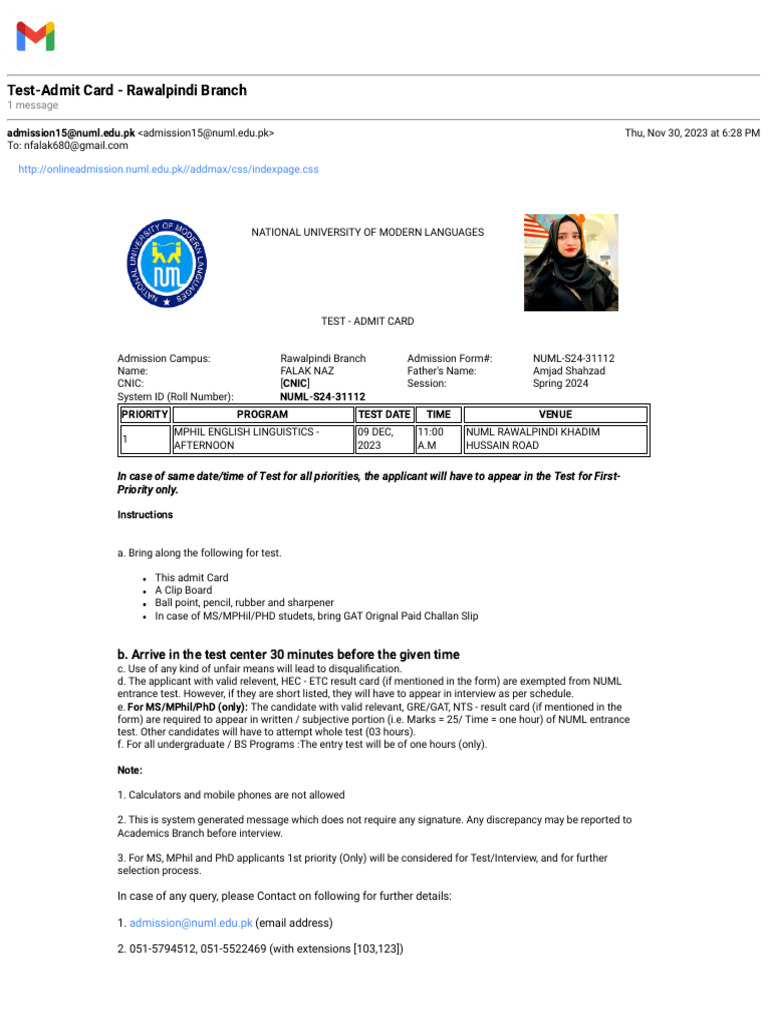 Gmail - Test-Admit Card - Rawalpindi Branch | PDF | Vocational ...