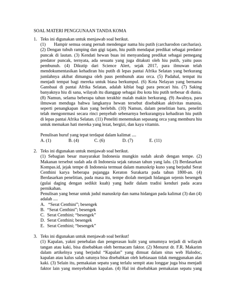 Soal Materi Penggunaan Tanda Koma | PDF