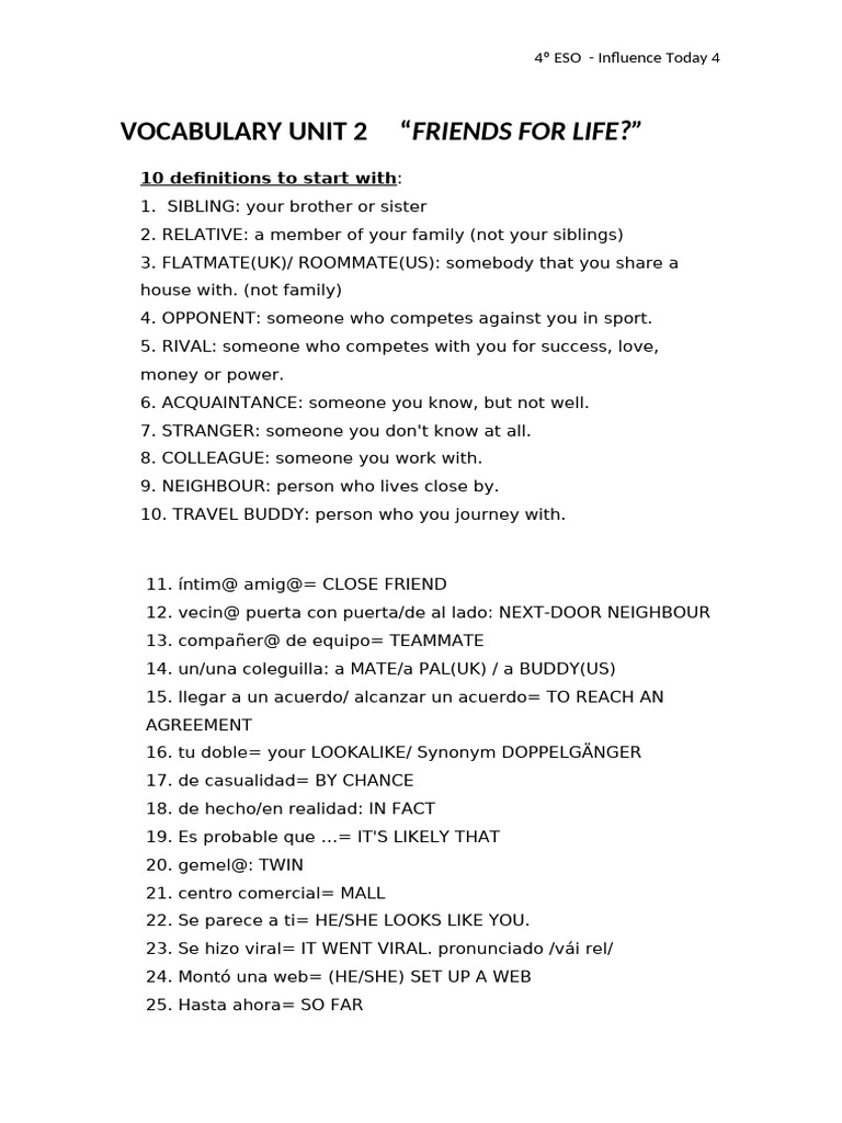 4º VOCABULARY UNIT 2 Friends For Life | PDF