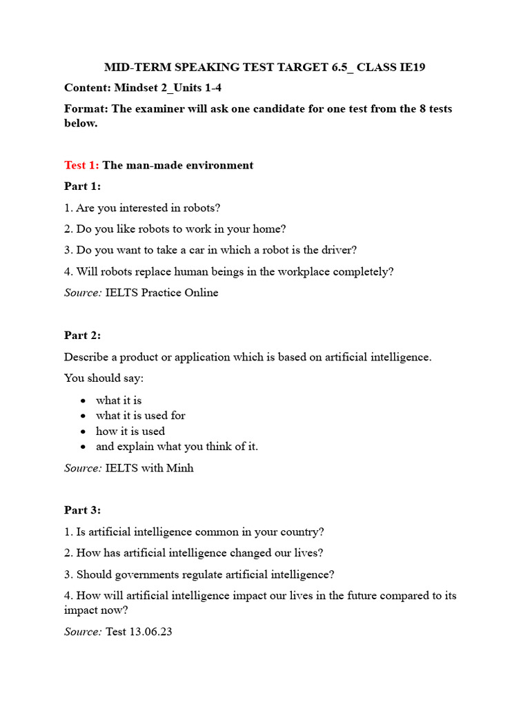 6.5 Mid Speaking Tests - MS2 U1-4 | PDF | Recreation | Artificial ...