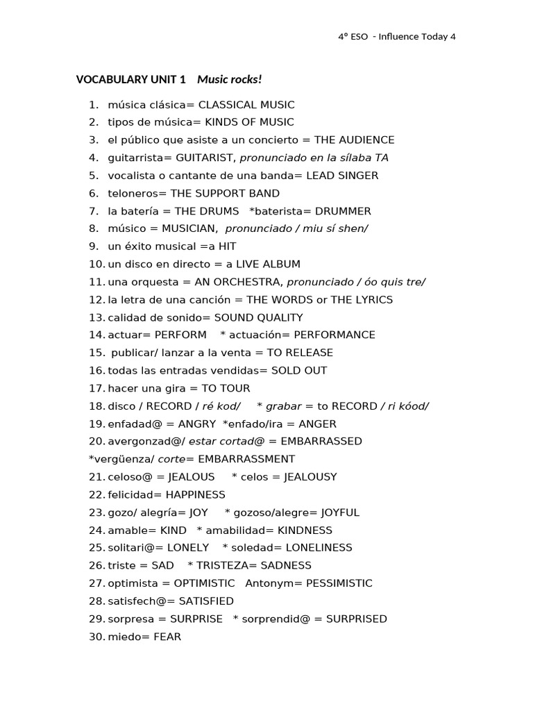 4º VOCABULARY UNIT 1 Music | PDF | Entretenimiento | Estilos americanos ...