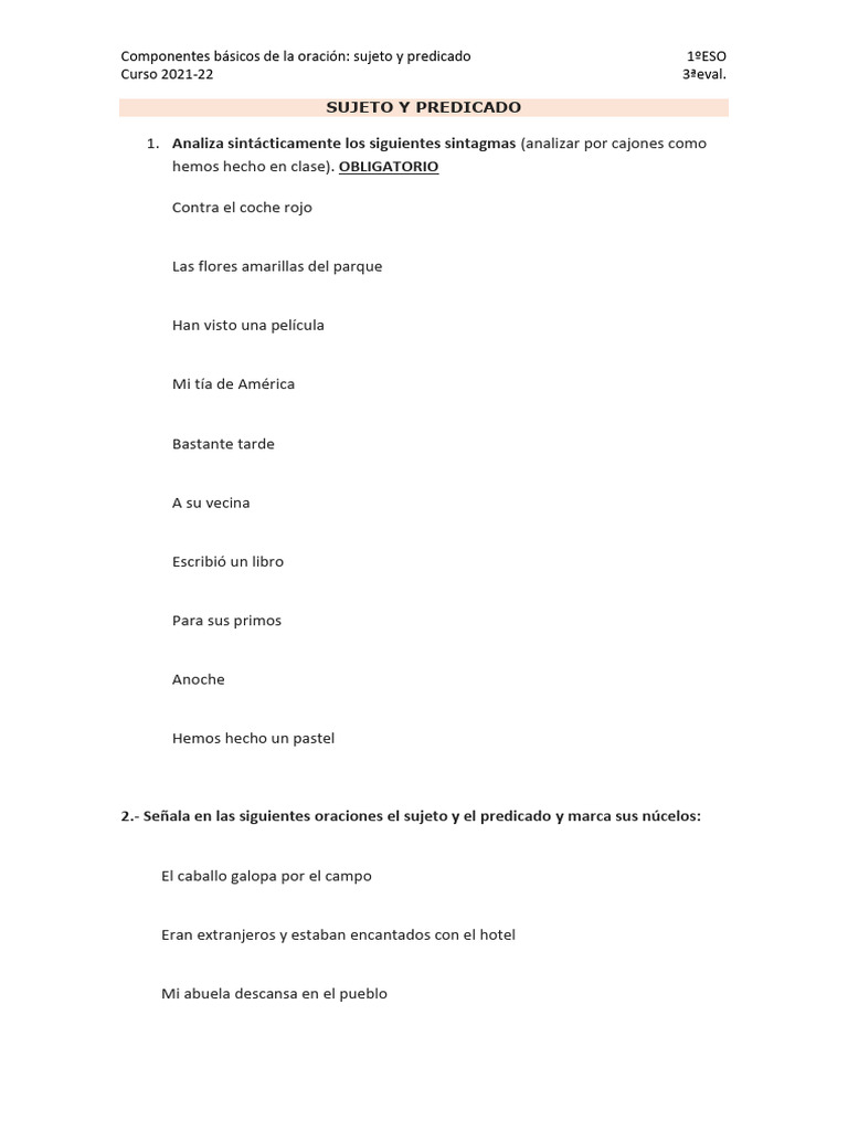 Sujeto y Predicado - Ejercicios | PDF