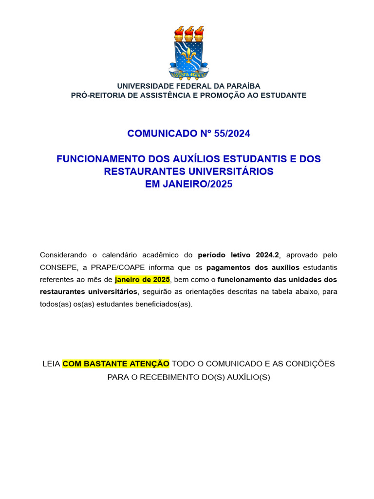 Comunicado 55 - 24 Funcionamento Auxilios e Ru - Jan - 2025 | PDF