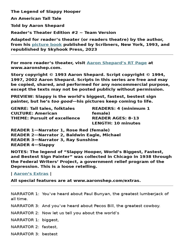 English Month - Readers Theater 9 10 - The Legend of Slappy Hooper | PDF
