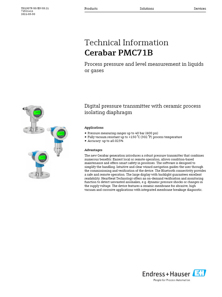 Cerabar PMC71B Pressure Transmitter Guide | PDF | Pressure Measurement ...