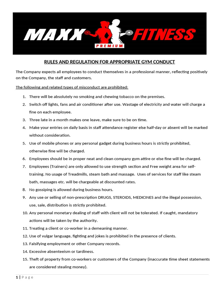 Rules and Regulation For Appropriate Gym Conduct | PDF