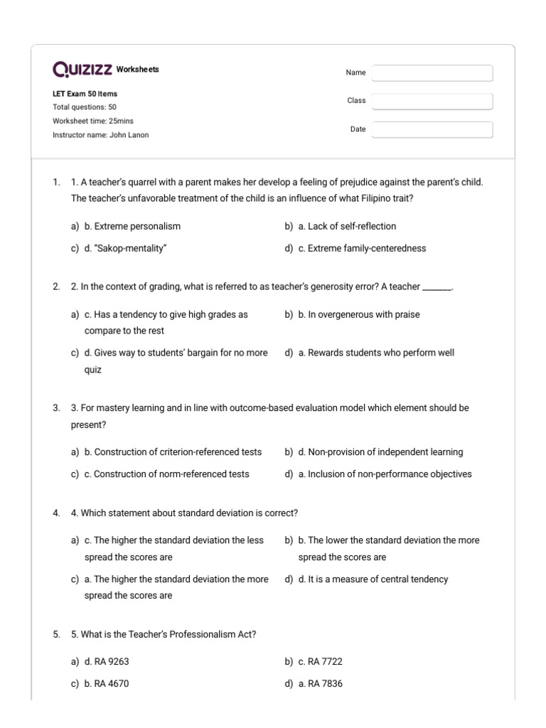 LET Exam 50 Items _ Quizizz | PDF | Learning | Educational Assessment