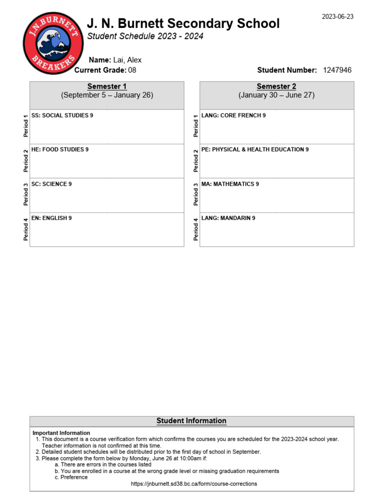 Lai, Alex - Student Schedule | PDF | Schools | Educational Institutions