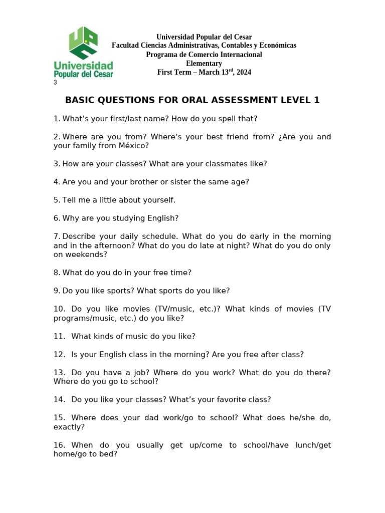 Basic Questions For Oral Assessment Level 1 First Term 2024-1 | PDF