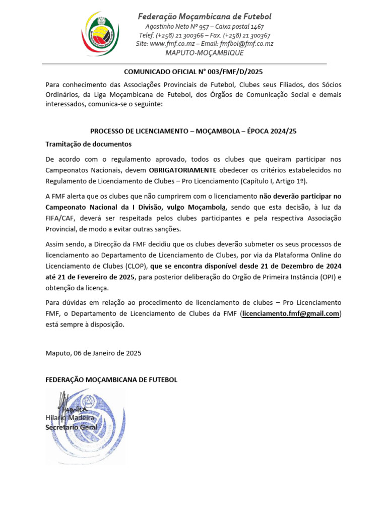 Licenciamento Moçambola 2025: Regras e Prazos | PDF