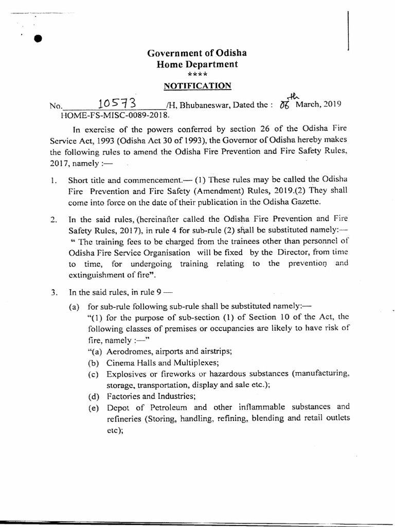 Amendment Fire Prevention - Fire Safety Rule, 2019 | PDF