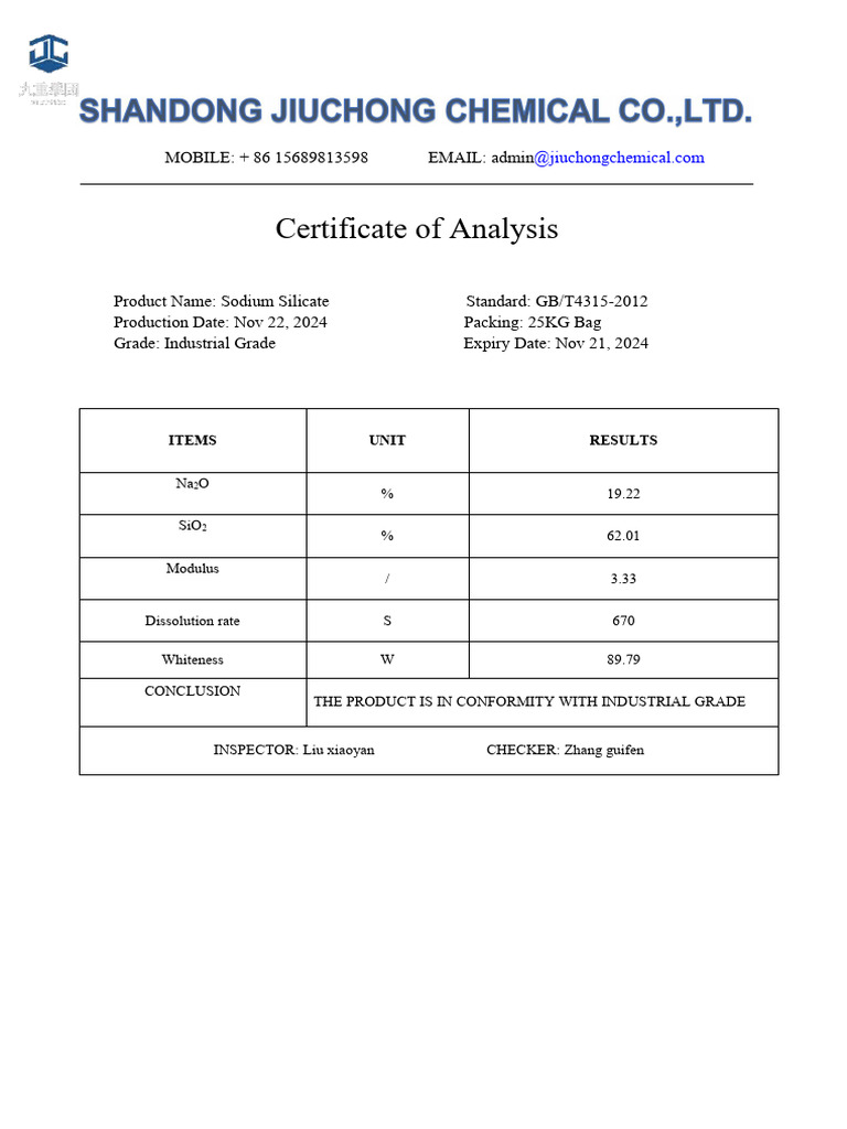 COA-Sodium Silicate 3.3-3.4modulus | PDF