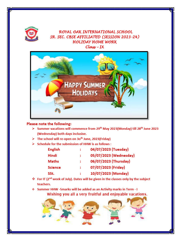 Holiday Homework Class IX (23-24) | PDF