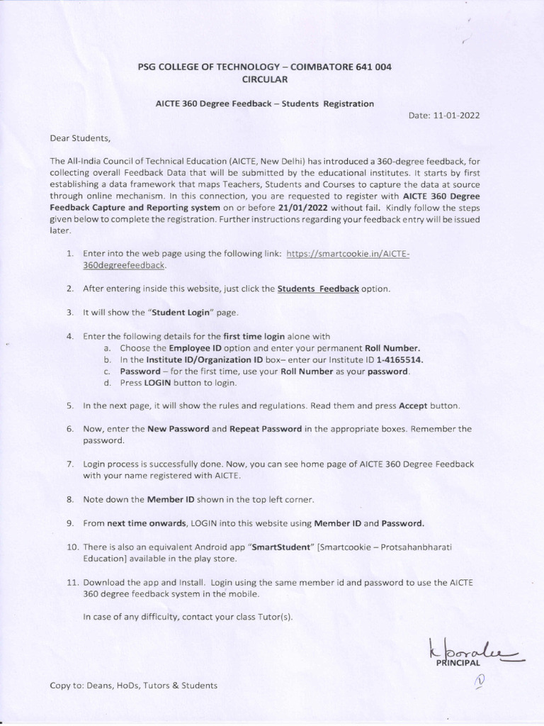 Circular AICTE 360 Feedback-Students Registration | PDF
