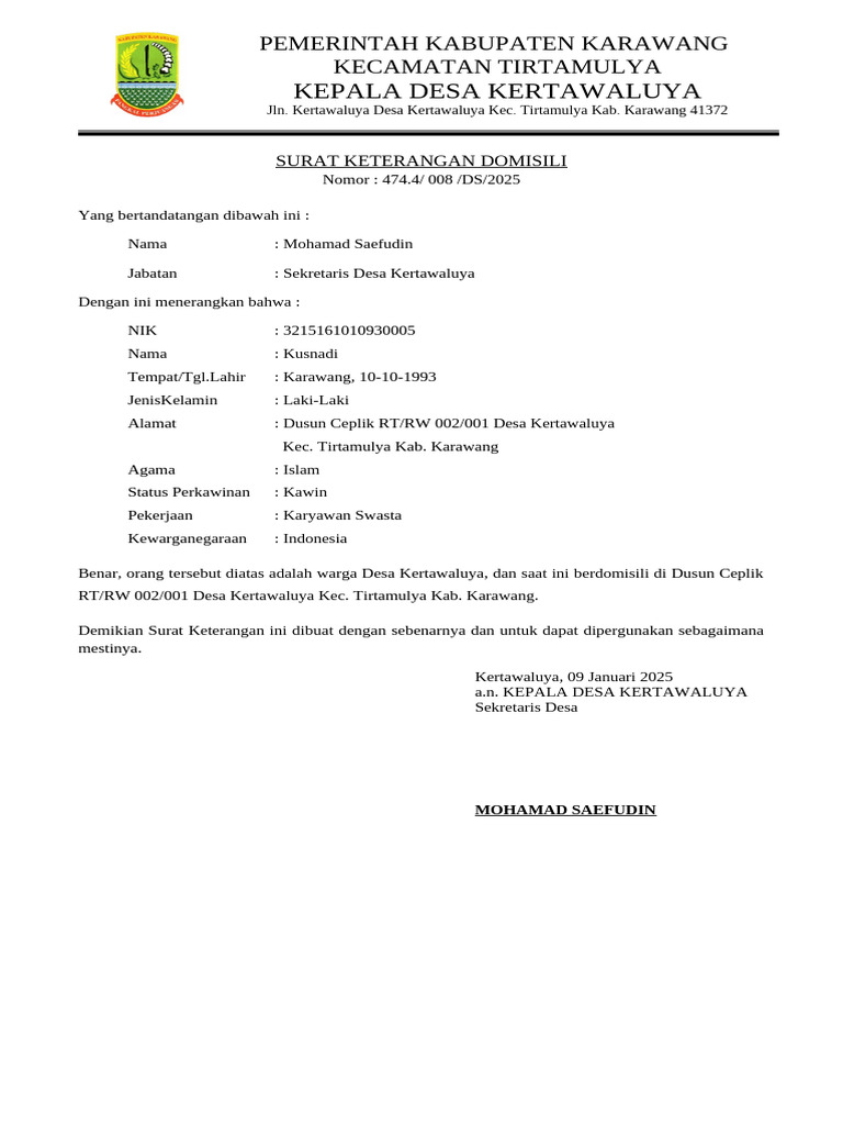Surat Keterangan Domisili Kertawaluya | PDF