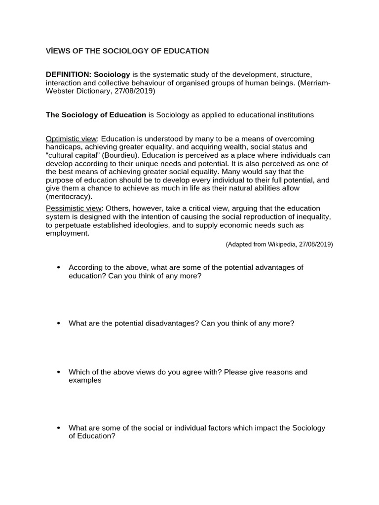 Sociology of Education: Views and Impacts | PDF