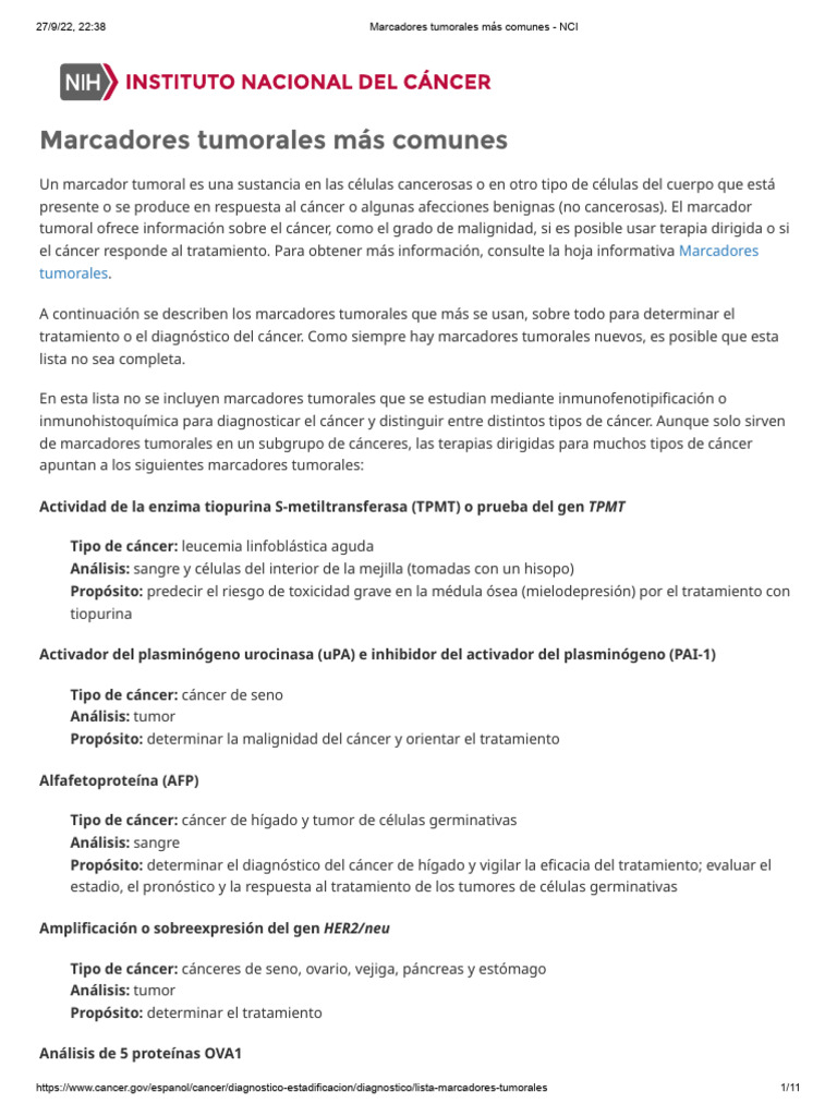 Marcadores Tumorales Más Comunes Nci Pdf Cáncer Linfoma