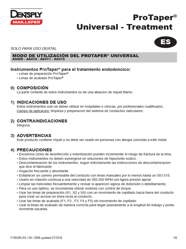 Protaper Universal 0716 Dfu Es | PDF | Esterilización (Microbiología ...